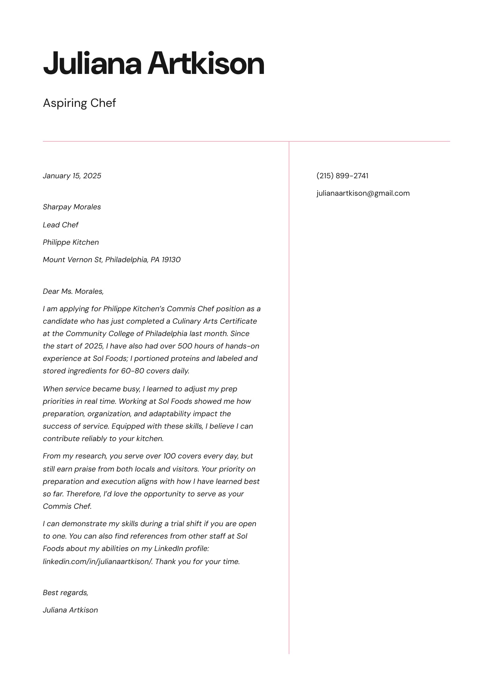 Entry-Level Chef Cover Letter Example