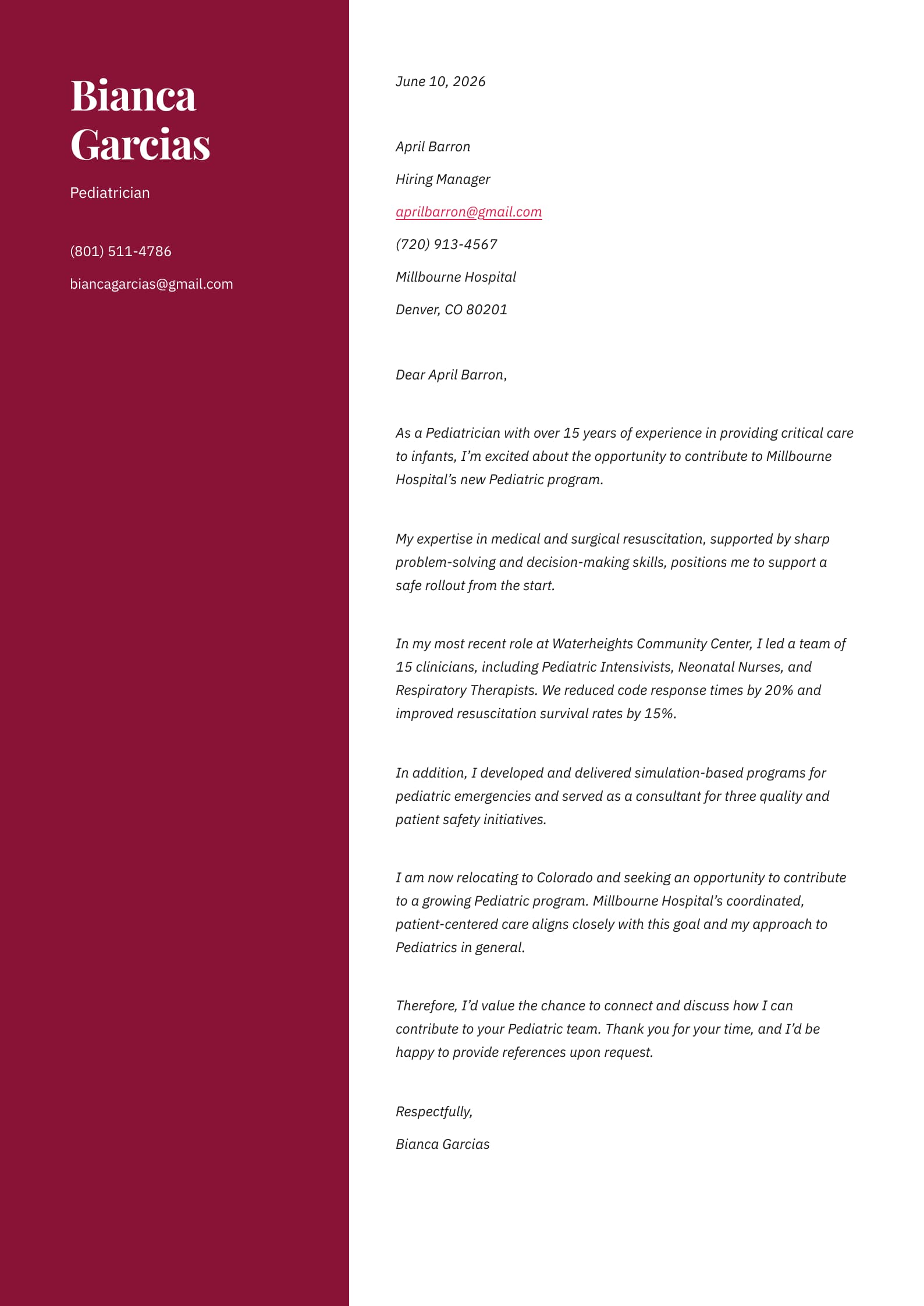 Senior Doctor Cover Letter Example